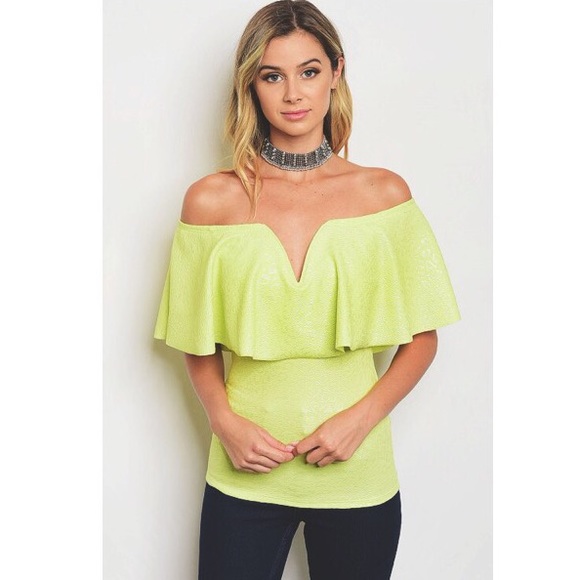 Tayzani | Tops | Lemon Yellow Ruffle Off Shoulder V Neck Flow Top ...